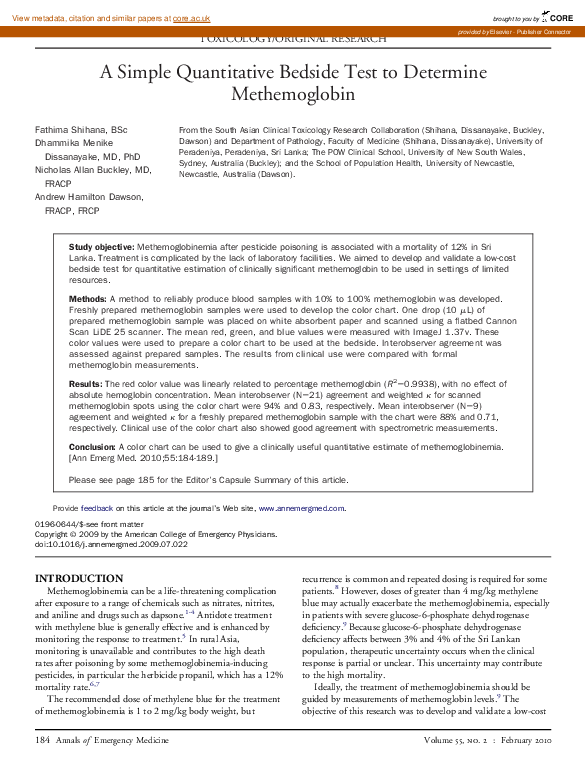 (PDF) A Simple Quantitative Bedside Test to Determine Methemoglobin