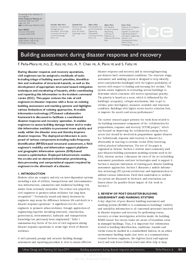 (PDF) Building assessment during disaster response and recovery