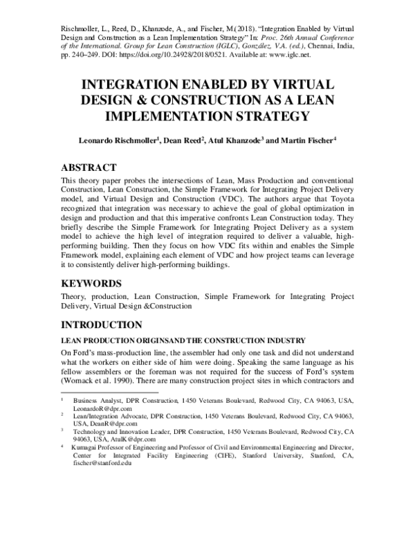 (PDF) Integration Enabled by Virtual Design & Construction as a Lean Implementation Strategy
