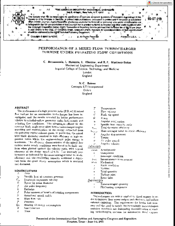 (PDF) Performance of a Mixed Flow Turbocharger Turbine Under Pulsating Flow Conditions