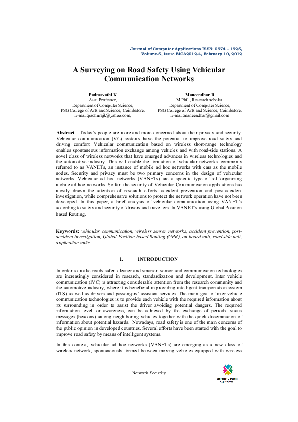 (PDF) A Surveying on Road Safety Using Vehicular Communication Networks