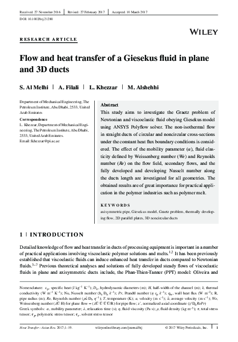 (PDF) Flow and heat transfer of a Giesekus fluid in plane and 3D ducts