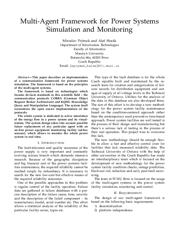 Pdf Multi Agent Framework For Power Systems Simulation And Monitoring