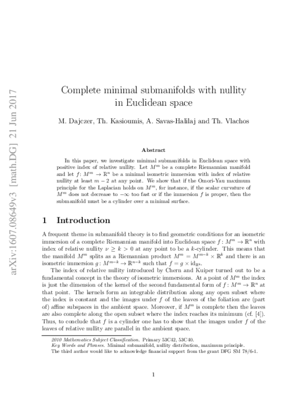 Pdf Complete Minimal Submanifolds With Nullity In Euclidean Space
