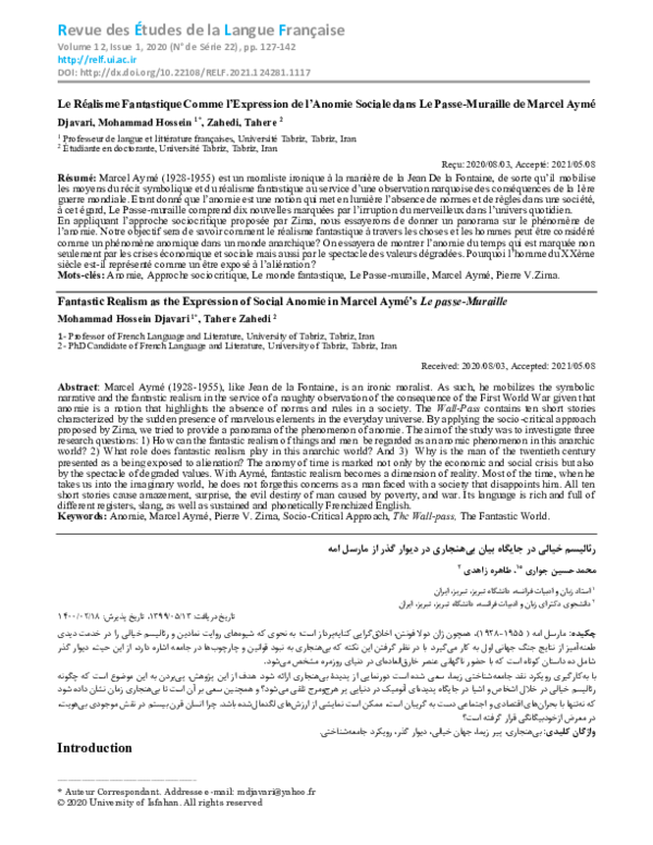 (PDF) Le Réalisme Fantastique Comme l’Expression de l’Anomie Sociale dans Le Passe-Muraille de ...