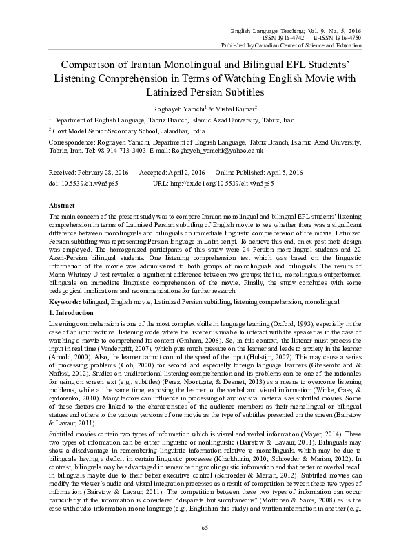 (PDF) Monolingual vs. Bilingual EFL Students' Listening Comprehension