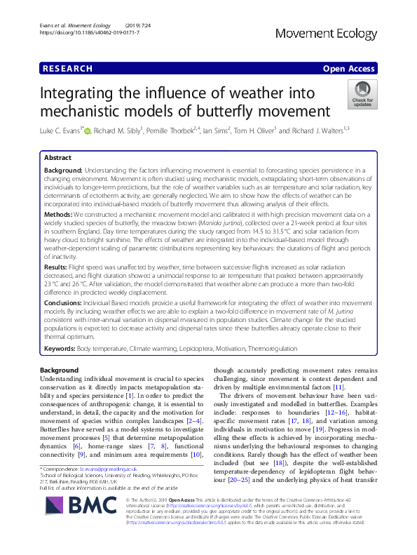 (PDF) Integrating the influence of weather into mechanistic models of butterfly movement