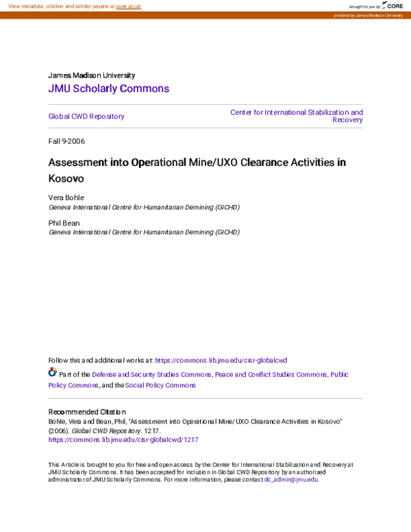 (PDF) Assessment into Operational Mine/UXO Clearance Activities in Kosovo