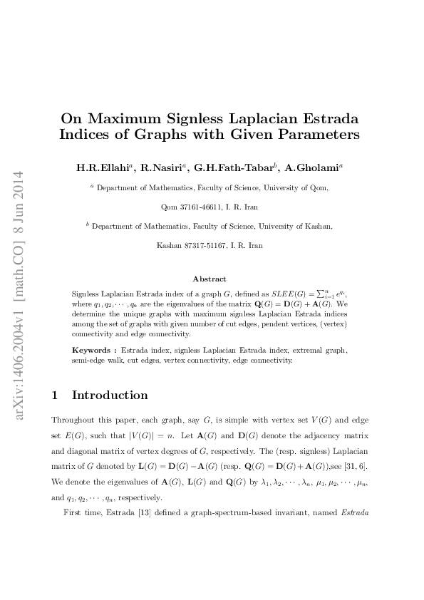 (PDF) On maximum signless Laplacian Estrada index of graphs with given parameters