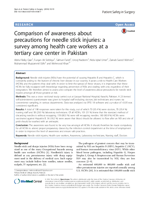 (PDF) Comparison of awareness about precautions for needle stick ...