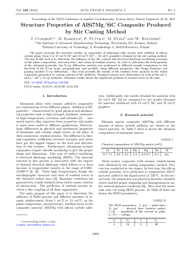 (PDF) Structure Properties of AlSi7Mg/SiC Composite Produced by Stir Casting Method