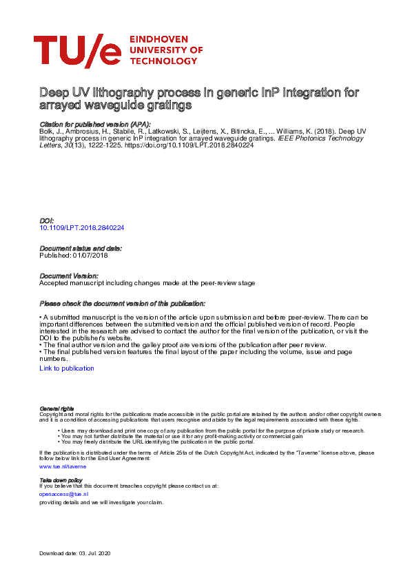 (PDF) Deep UV Lithography Process in Generic InP Integration for ...