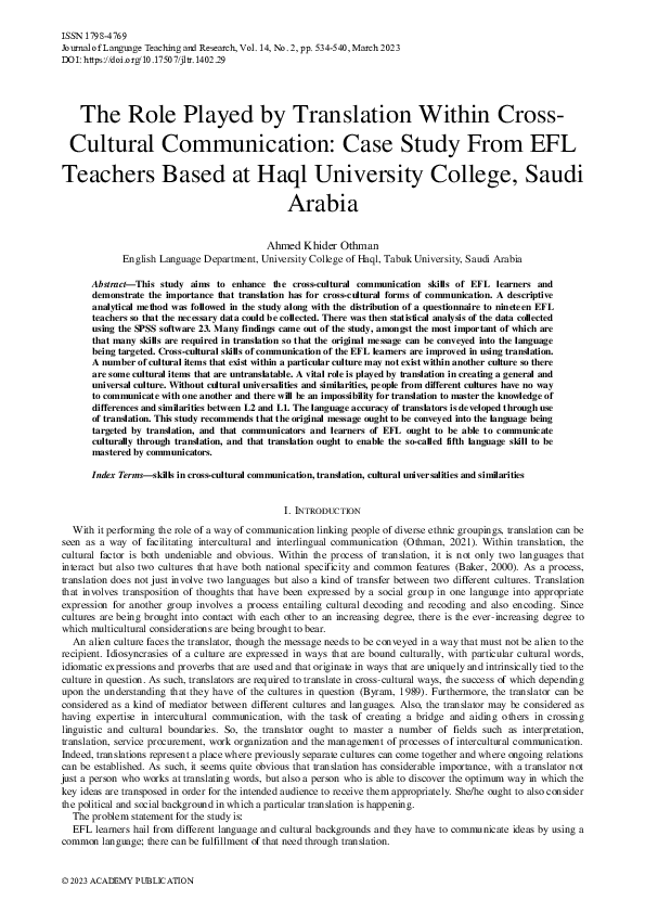 (PDF) The Role Played by Translation Within Cross-Cultural ...