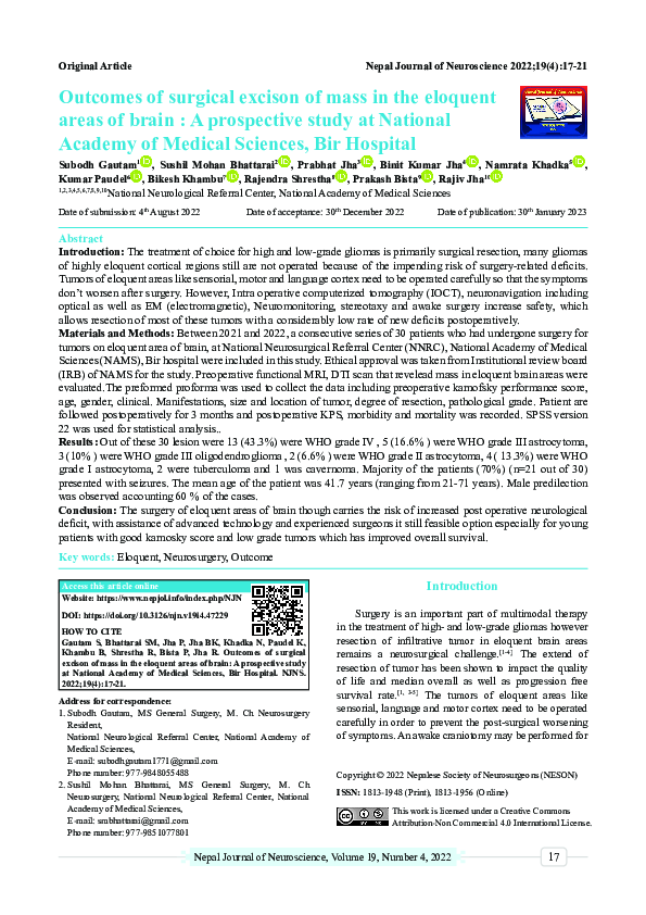(PDF) Outcomes of surgical excison of mass in the eloquent areas of ...