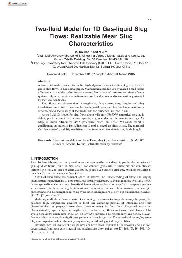 (PDF) Two-fluid Model for 1D Gas-liquid Slug Flows: Realizable Mean ...