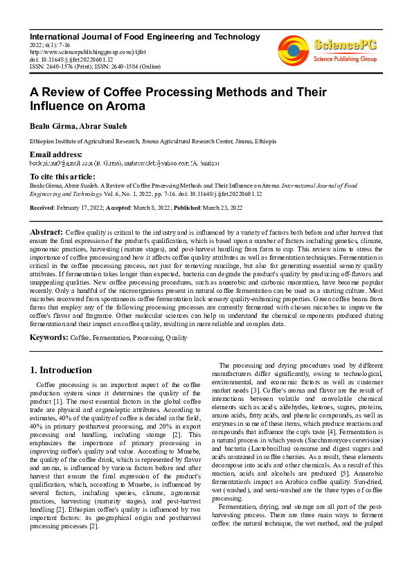 (PDF) A Review of Coffee Processing Methods and Their Influence on Aroma