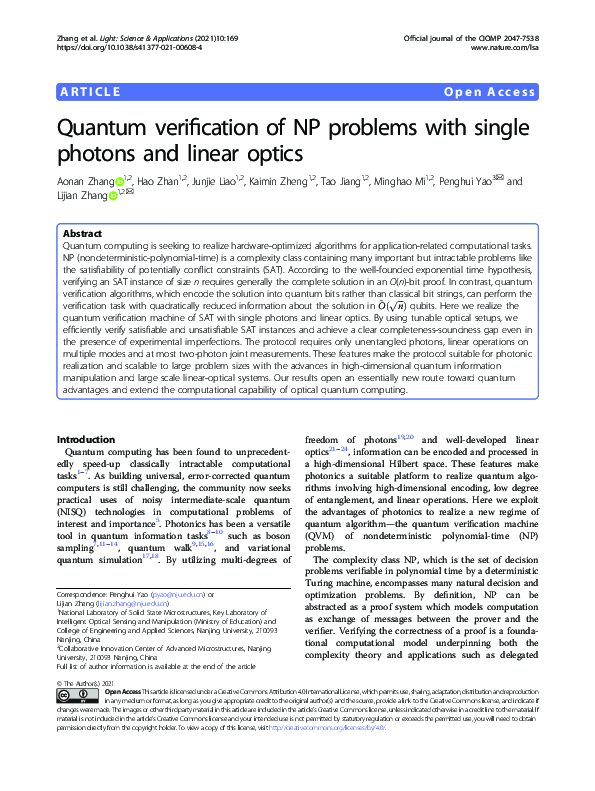 (PDF) Quantum verification of NP problems with single photons and linear optics