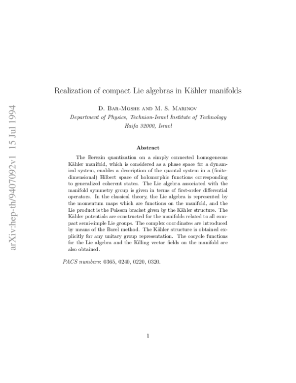 (PDF) Realization of compact Lie algebras in Kähler manifolds | David ...