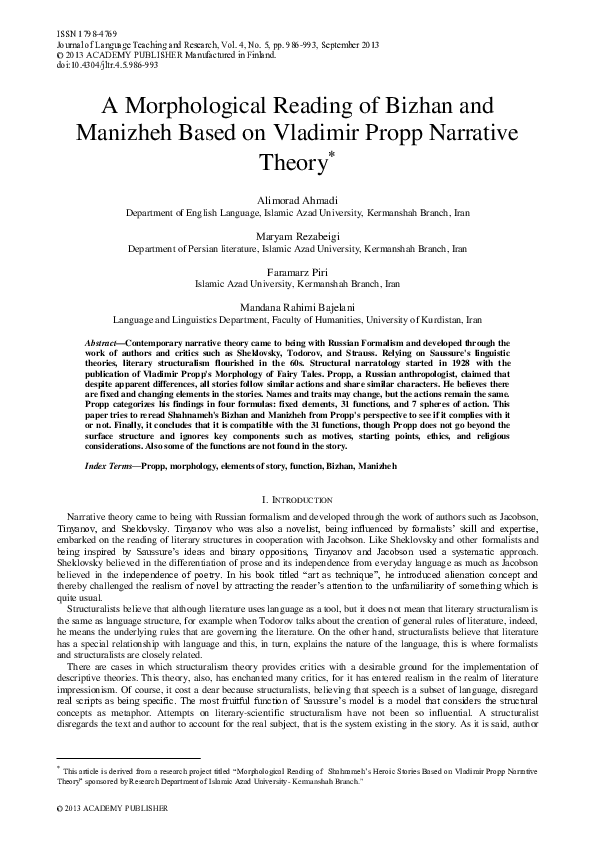 (PDF) A Morphological Reading of Bizhan and Manizheh Based on Vladimir ...