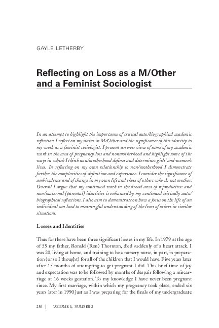 (PDF) Reflection on Loss as a M/Other and a Feminist Sociologist