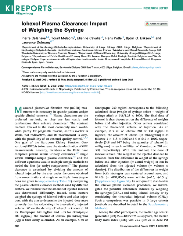 (PDF) Iohexol Plasma Clearance: Impact of Weighing the Syringe | Hans ...
