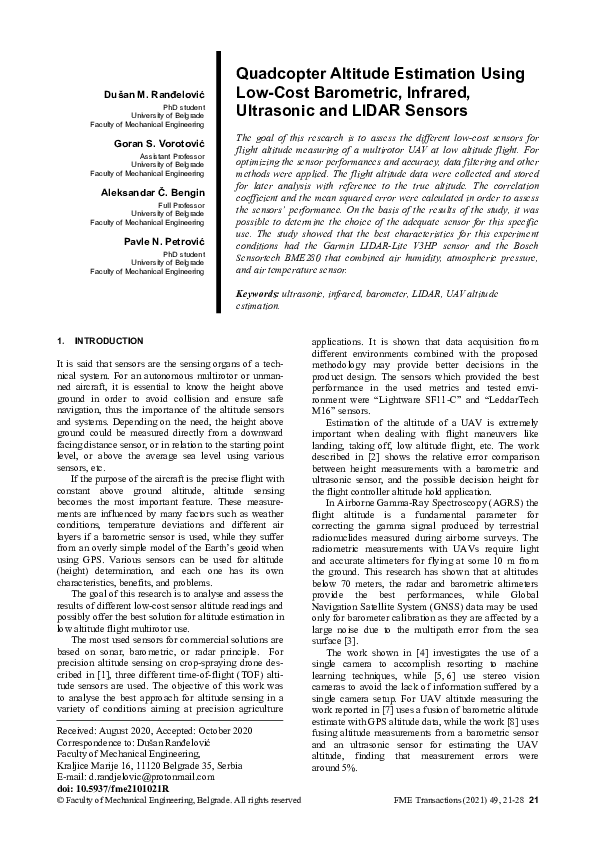 (PDF) Quadcopter altitude estimation using low-cost barometric, infrared, ultrasonic and LIDAR ...