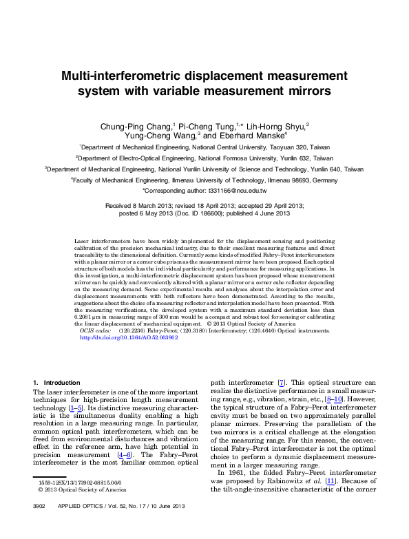Pdf Multi Interferometric Displacement Measurement System With Variable Measurement Mirrors