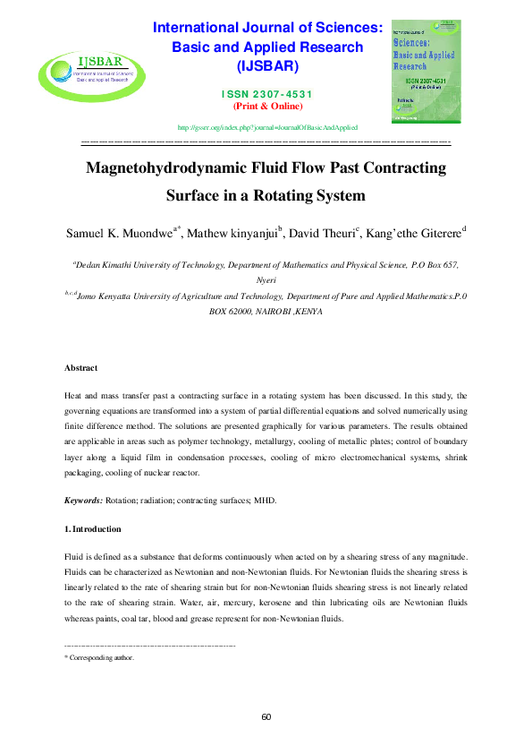 (PDF) Magnetohydrodynamic Fluid Flow Past Contracting Surface in a Rotating System