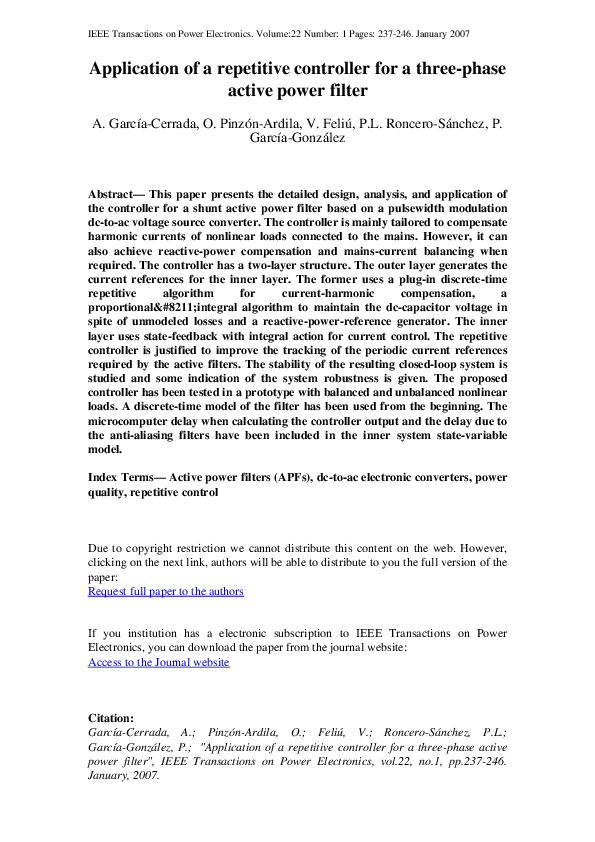 (PDF) Application of a Repetitive Controller for a Three-Phase Active Power Filter