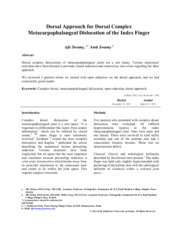 (PDF) Dorsal Approach for Dorsal Complex Metacarpophalangeal ...