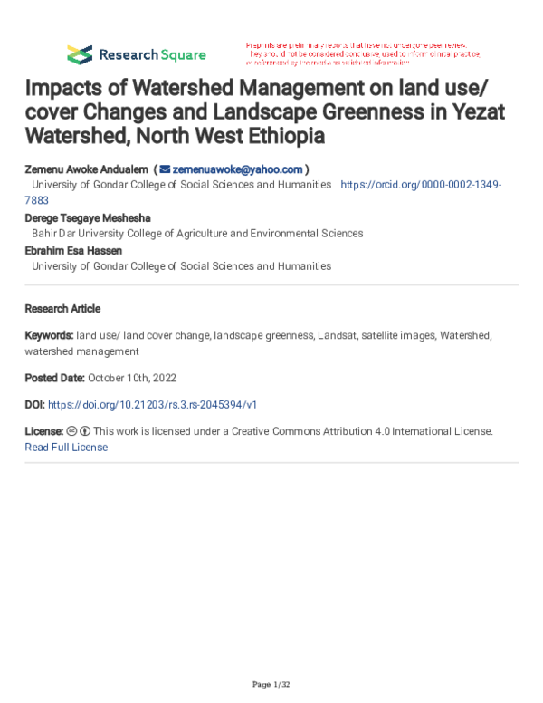 (PDF) Impacts of Watershed Management on land use/ cover Changes and ...