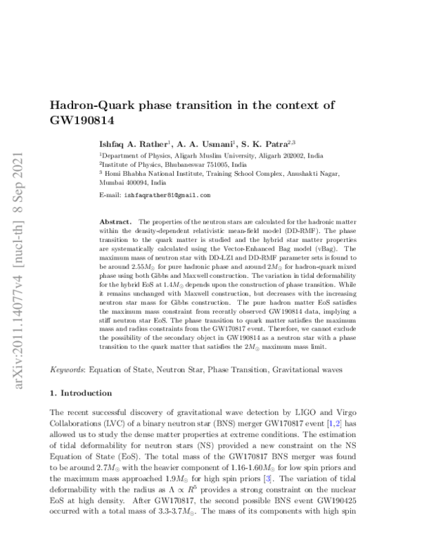 (PDF) Hadron–quark phase transition in the context of GW190814