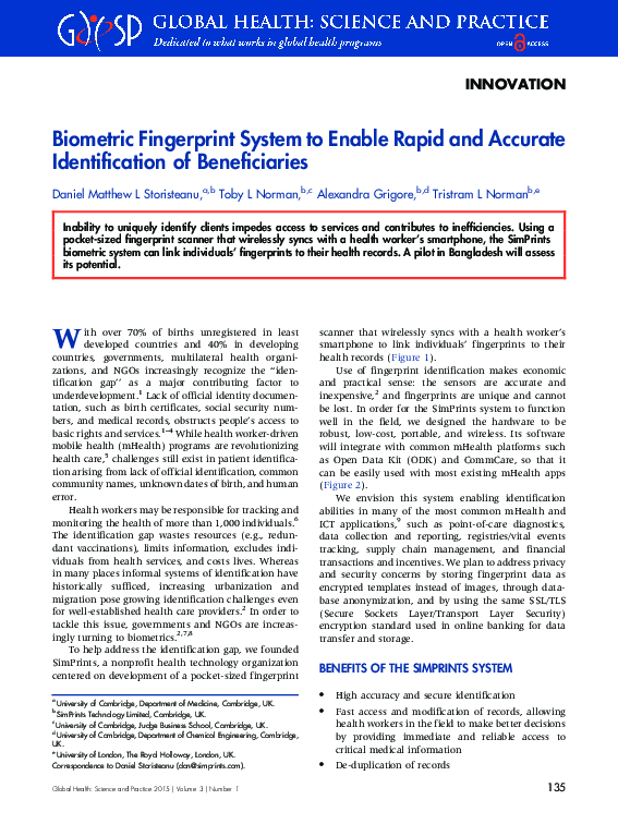 (PDF) Biometric fingerprint system to enable rapid and accurate identification of beneficiaries