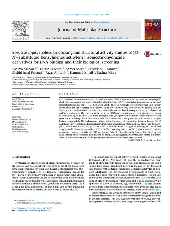 (PDF) Spectroscopic, molecular docking and structural activity studies of (E)-N′-(substituted ...