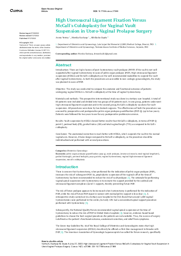 Pdf High Uterosacral Ligament Fixation Versus Mccalls Culdoplasty