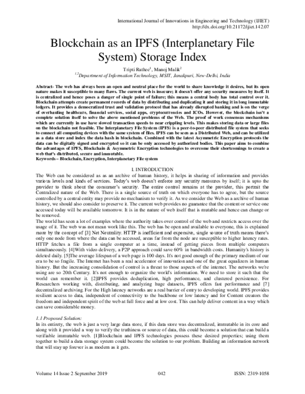 (PDF) Blockchain as an IPFS (Interplanetary File System) Storage Index