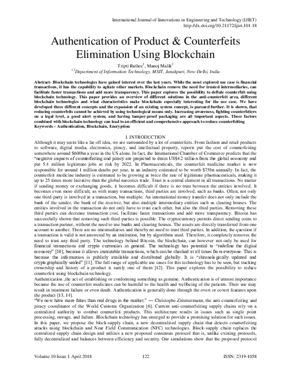Pdf Authentication Of Product And Counterfeits Elimination Using Blockchain