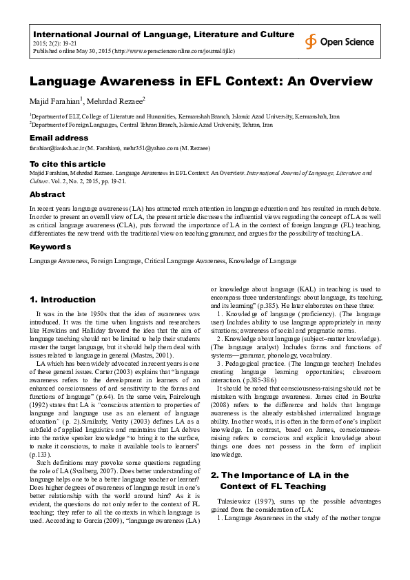 (PDF) Language Awareness in EFL Context: An Overview