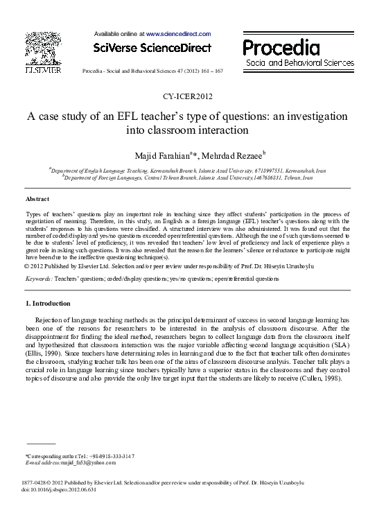 (PDF) A Case Study of an EFL Teacher's Type of Questions: An Investigation into Classroom ...