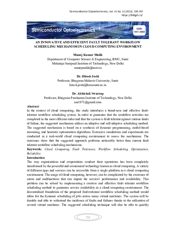 (PDF) AN INNOVATIVE AND EFFICIENT FAULT TOLERANT WORKFLOW SCHEDULING MECHANISM IN CLOUD ...