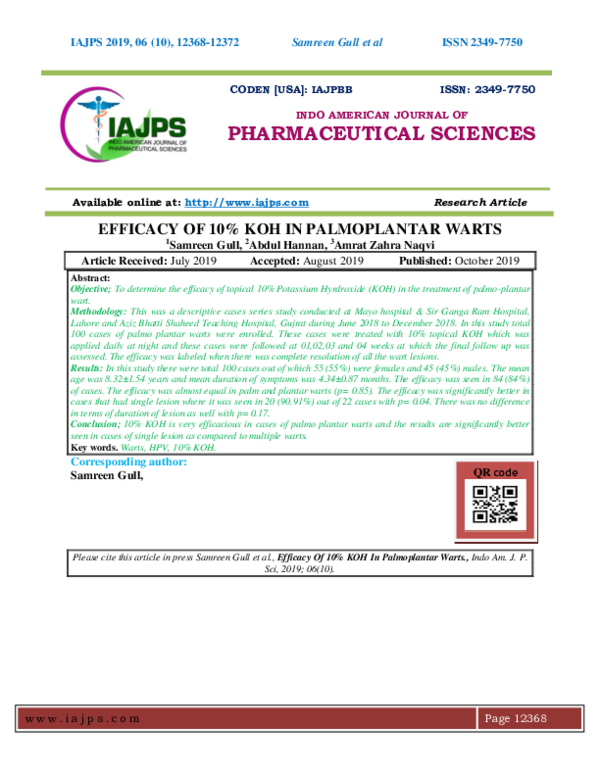 (PDF) Efficacy of 10% Koh in Palmoplantar Warts | Samreen Gull ...