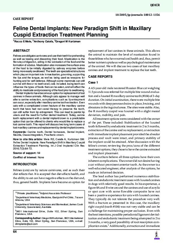 (PDF) Feline Dental Implants: New Paradigm Shift in Maxillary Cuspid Extraction Treatment Planning