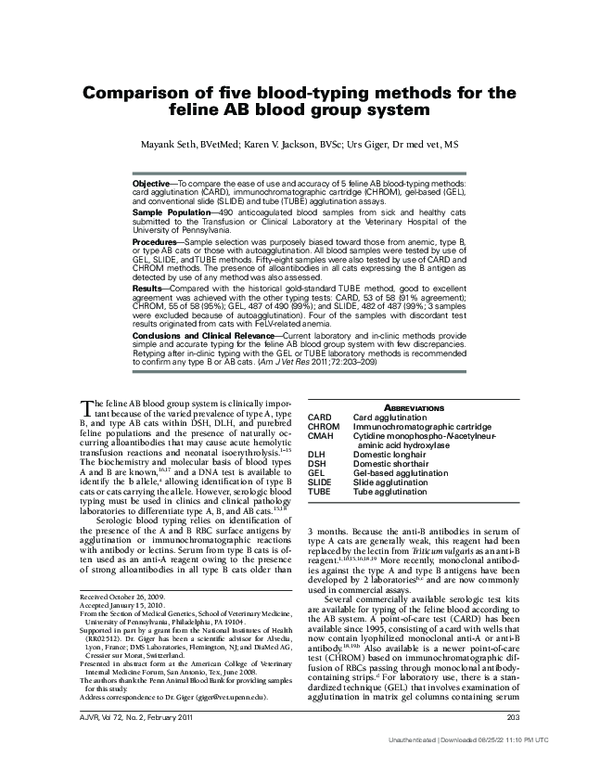 (PDF) Comparison of five blood-typing methods for the feline AB blood ...