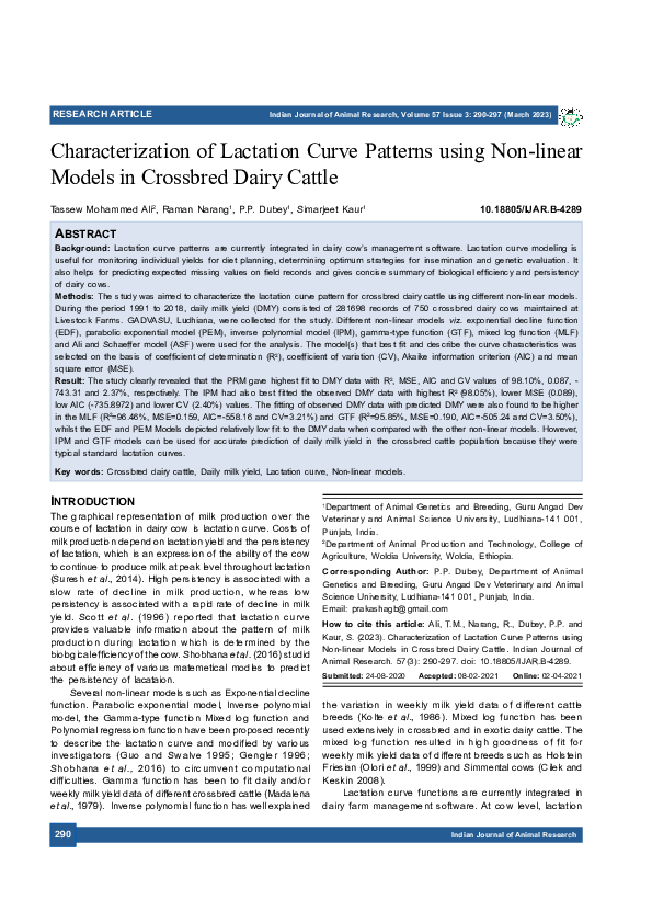 Pdf Characterization Of Lactation Curve Patterns Using Non Linear Models In Crossbred Dairy Cattle