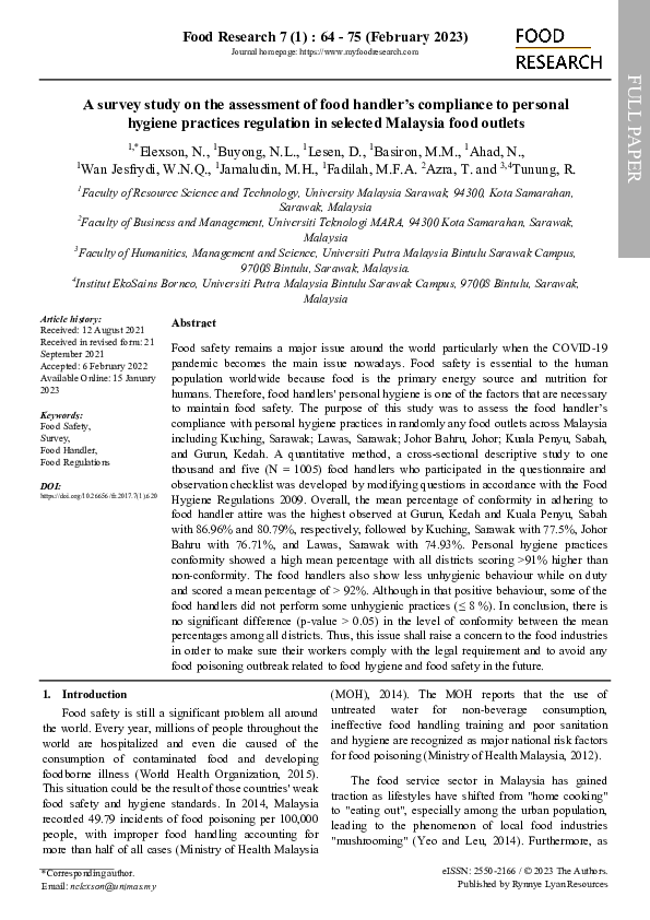 (PDF) A survey study on the assessment of food handler's compliance to ...