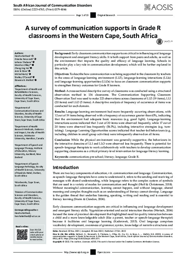(PDF) A survey of communication supports in Grade R classrooms in the ...