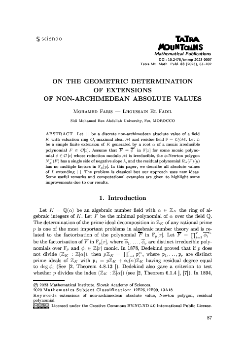 (PDF) On The Geometric Determination of Extensions of Non-Archimedean Absolute Values