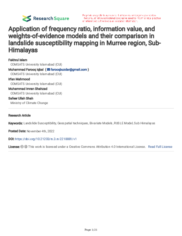 (PDF) Application of frequency ratio, information value, and weights-of-evidence models and ...