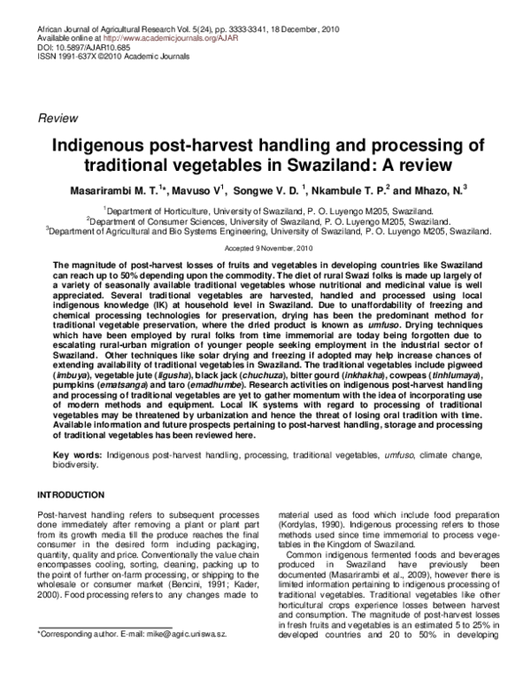 Indigenous post-harvest handling and processing of traditional ...