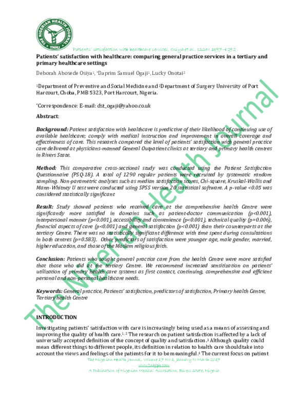 (PDF) Patients’ satisfaction with healthcare: comparing general ...